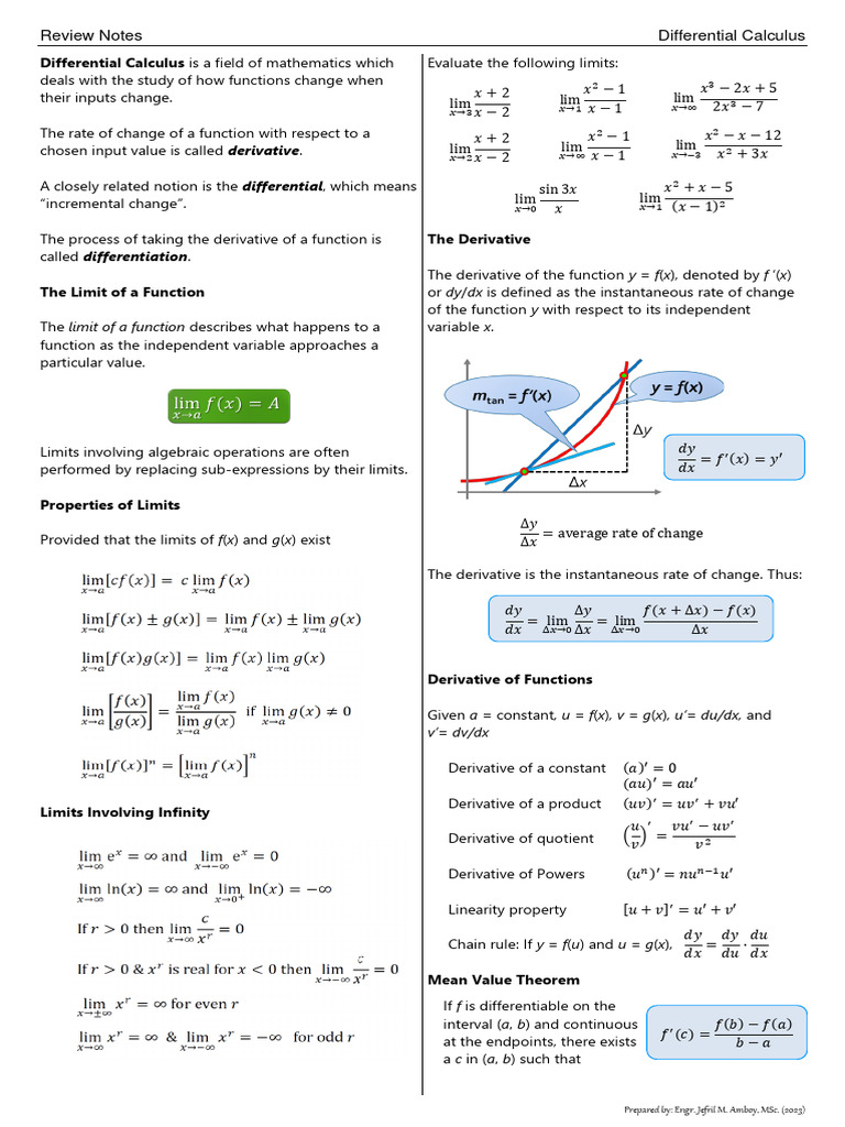 Differential Calculus Lecture Notes 2023 | PDF | Derivative | Function ...