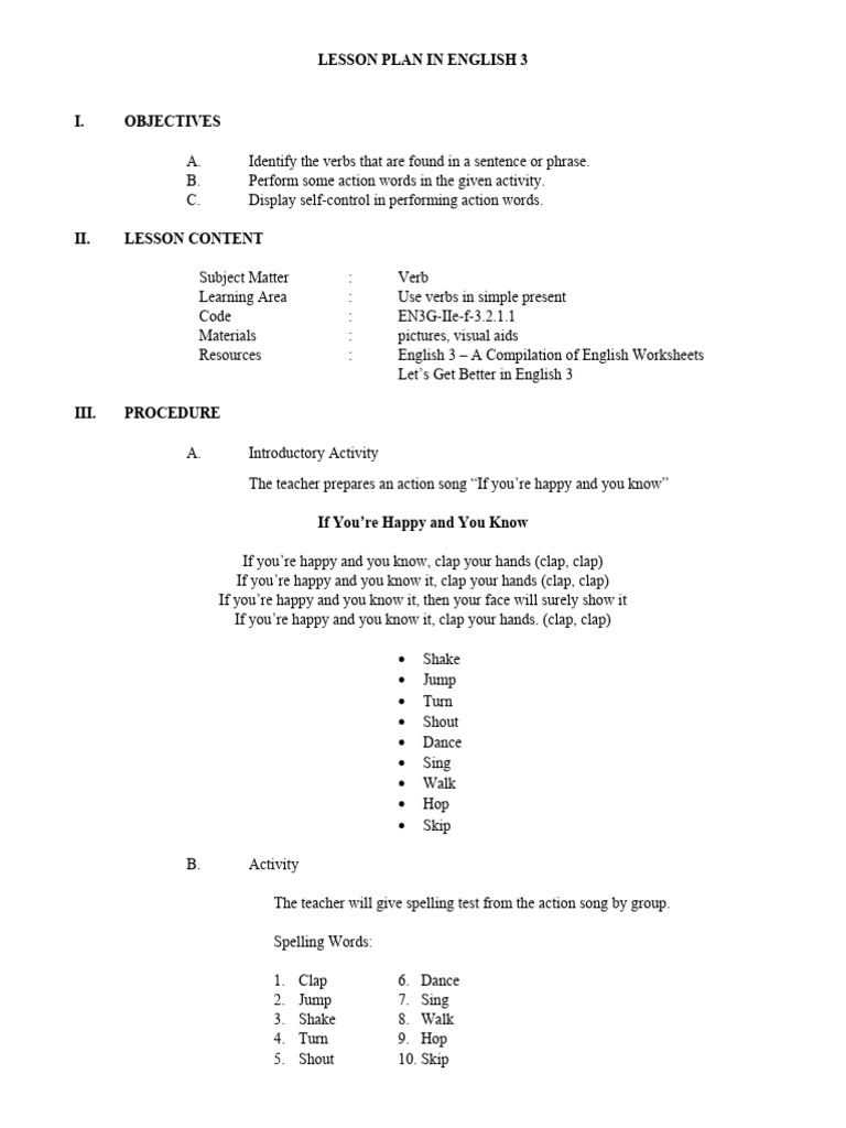 Lesson Plan - Verbs | PDF | English Language | Lesson Plan