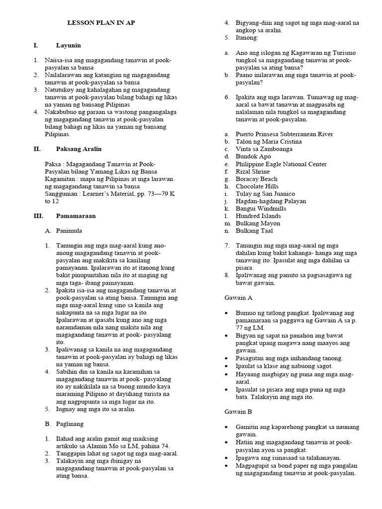 Lesson Plan - Magagandang Tanawin at Pook-Pasyalan Bilang Yamang Likas ...