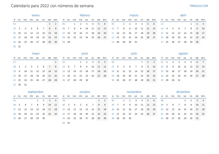 Calendar Yearly With Weeks 2022 L Es | PDF