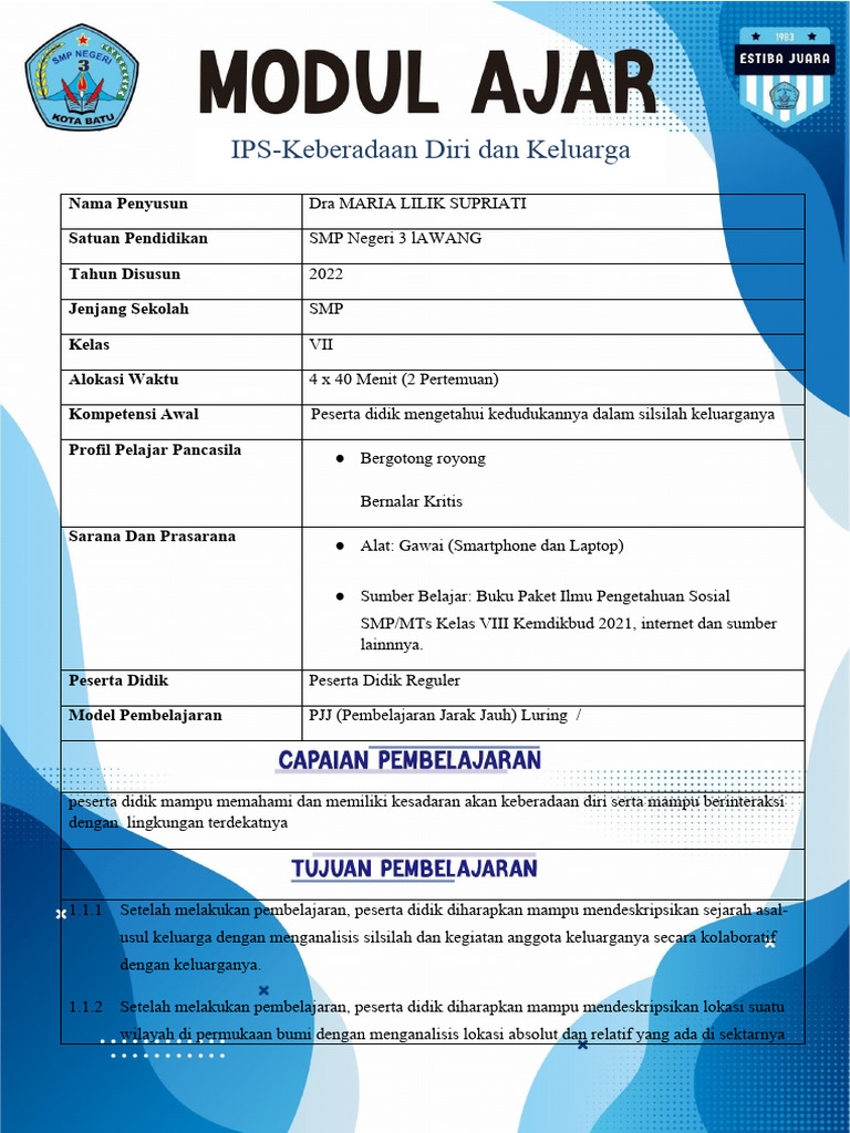 MODUL AJAR IPS 1 - KEBERADAAN DIRI DAN KELUARGA - New | PDF