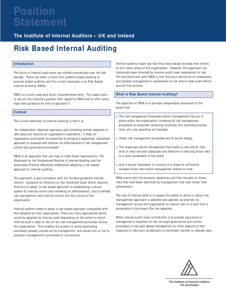 (IIA UK) - Position Statement - RIsk Based Internal Auditing | PDF | Internal Audit | Risk