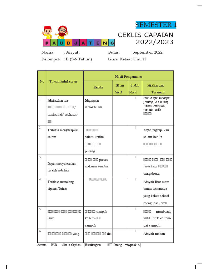 Ceklis Skala Capaian Paud | PDF