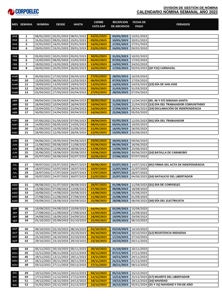 Calendario De Nomina 2023 Semanal Pdf