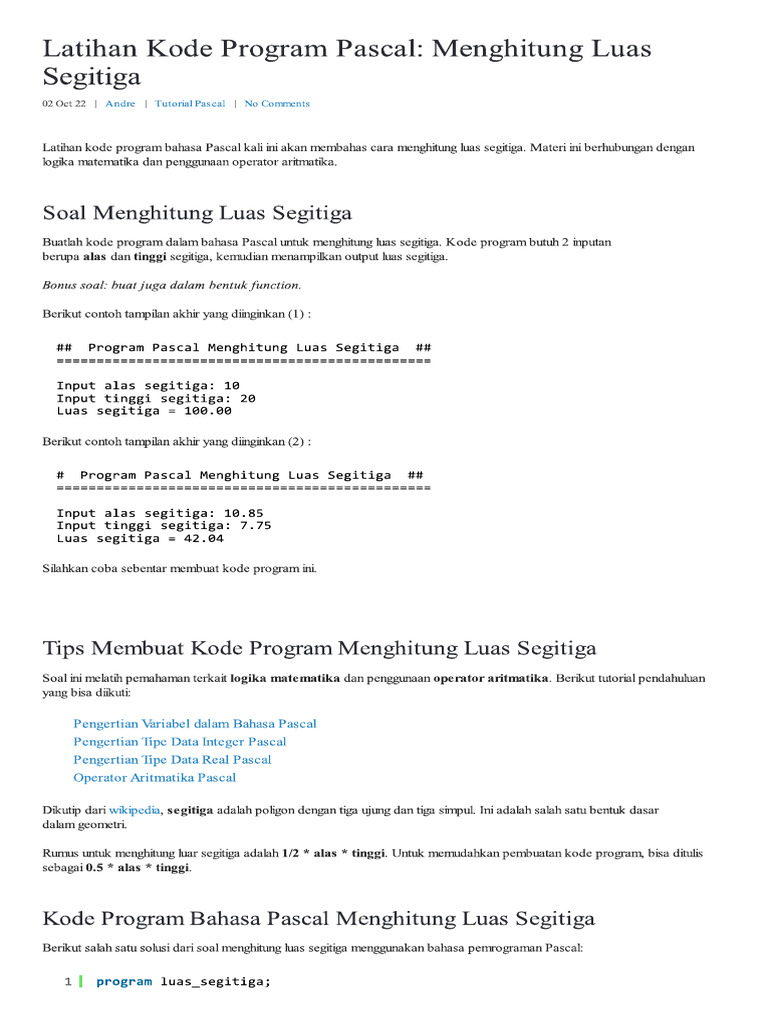 Latihan Kode Program Pascal - Menghitung Luas Segitiga | PDF