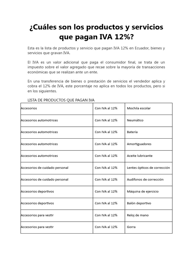 Cuáles Son Los Productos y Servicios Que Pagan IVA 12 | PDF | Impuesto al valor agregado | Bebida