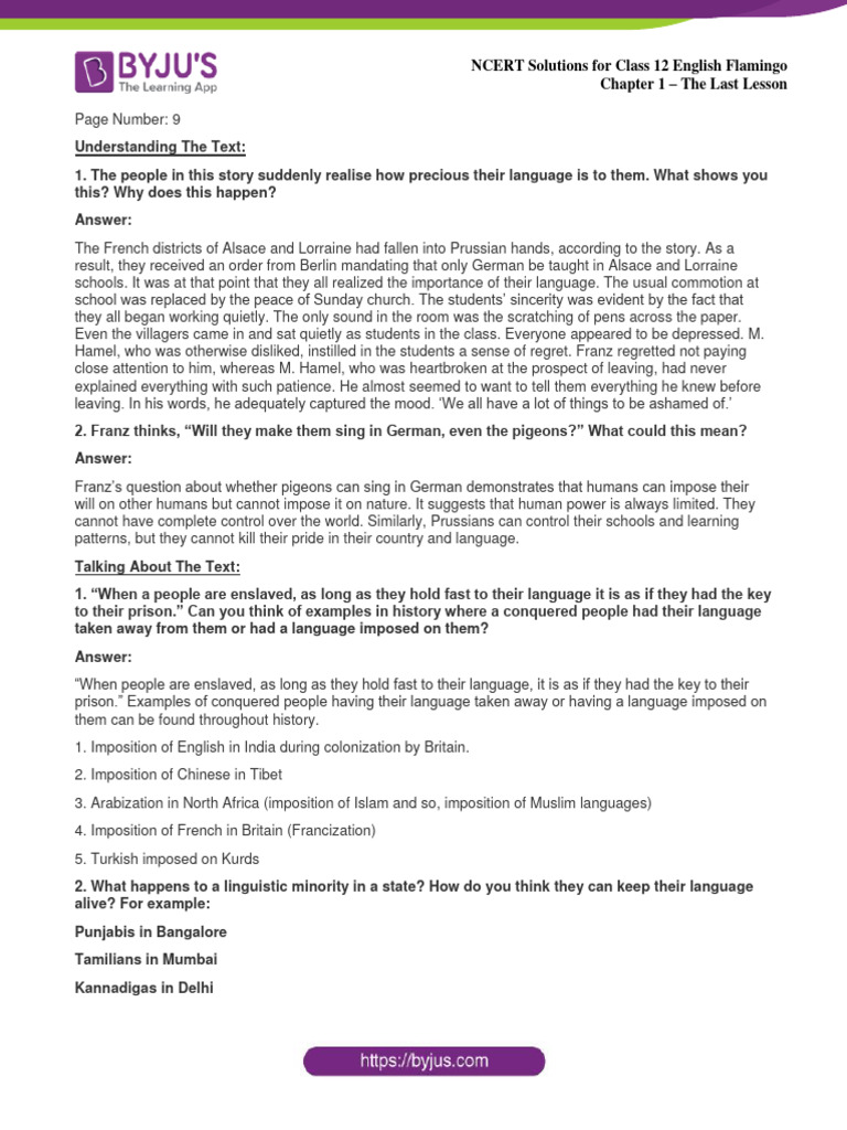 NCERT Solutions For Class 12 English Core Book Flamingo Chapter 1 The Last Lesson 1 | PDF ...