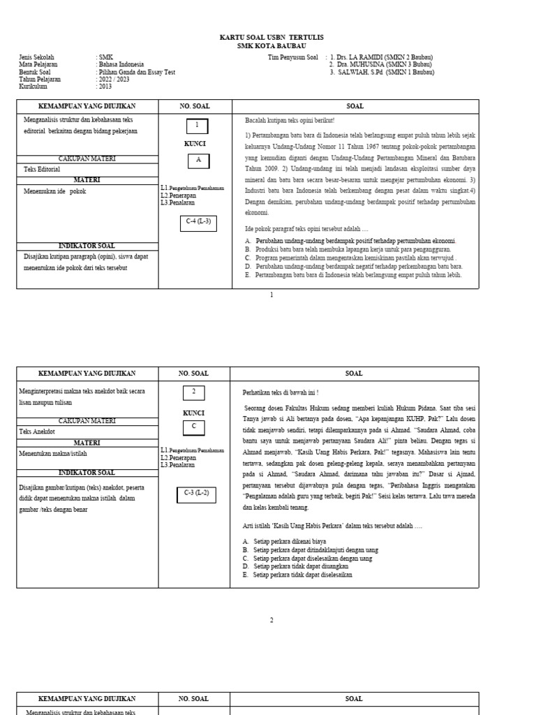 Kartu Soal Usp BHS Indonesia, 22-23 Fix | PDF