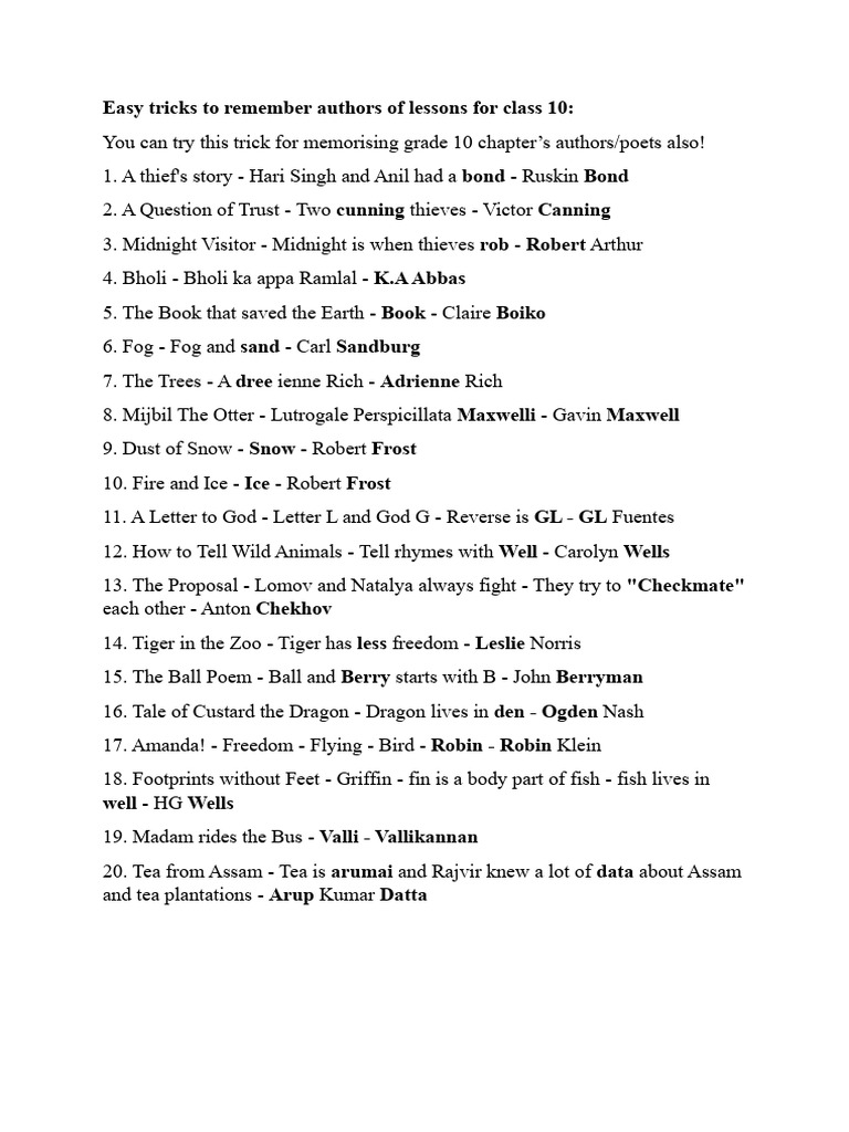 Tricks to Remember Class 10 Authors | PDF