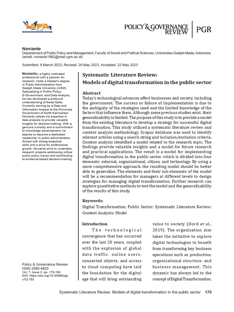 Systematic Literature Review: Models of Digital Transformation in The Public Sector | PDF | E ...