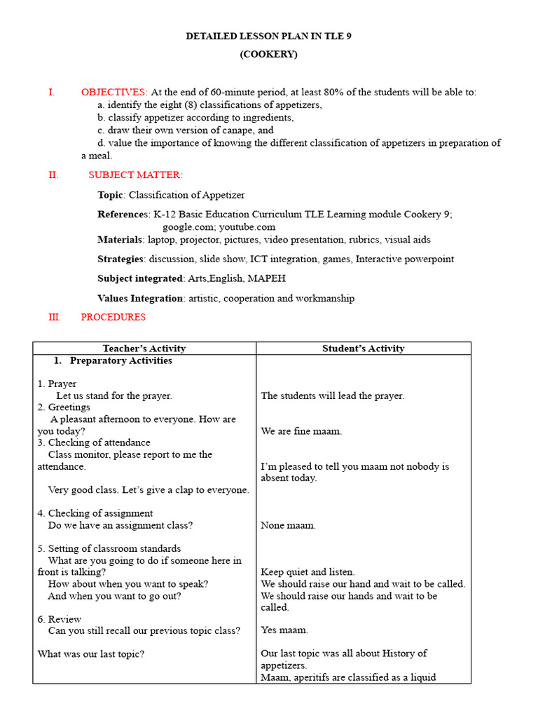 1st Co - Detailed Lesson Plan in Tle 9 | PDF | Hors D'oeuvre | Pickling