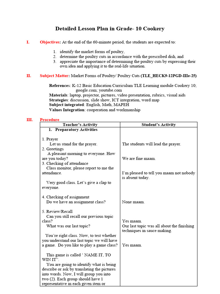 1st Detailed Lesson Plan g10 | PDF | Poultry | Meat