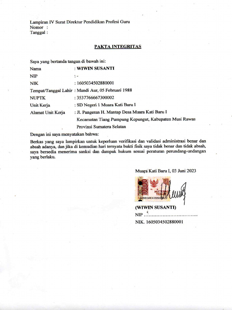 Pakta Integritas Wiwin Susanti | PDF