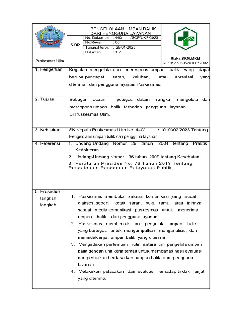 Sop Pengelolaan Umpan Balik Dari Pengguna Layanan | PDF | Teknologi & Rekayasa