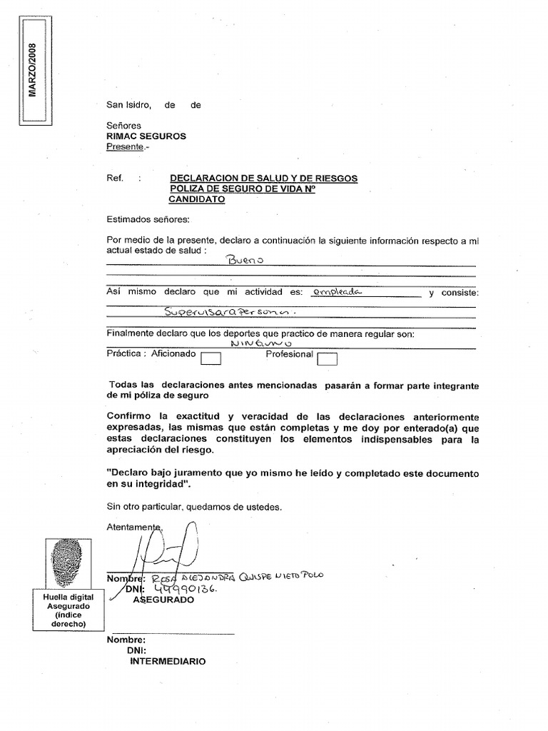 CARTA RIESGO Y SALUD Rimac | PDF