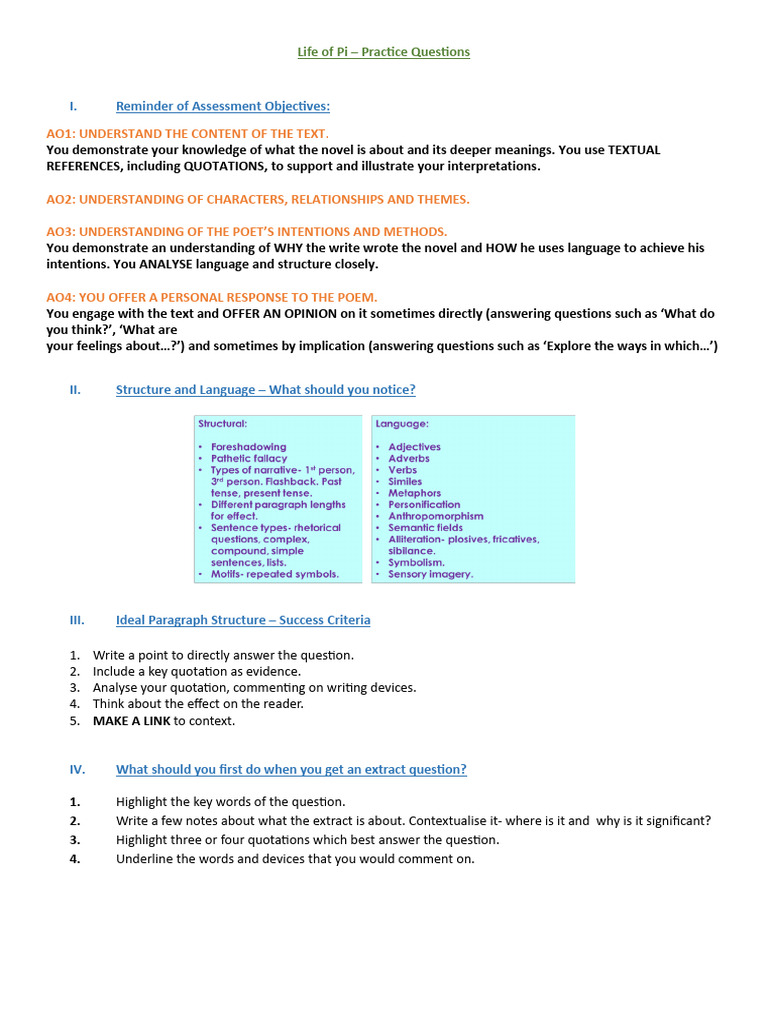 Life of Pi - Practice Questions | PDF
