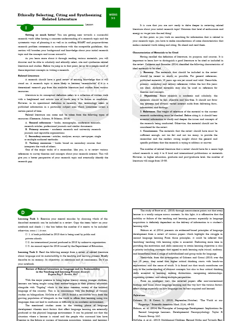 Ethically Selecting, Citing and Synthesizing Related Literature | PDF | Citation | Learning