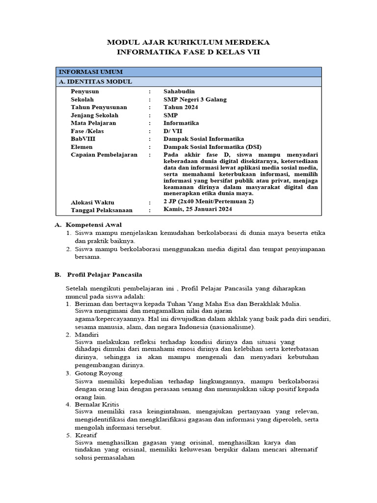 Modul Ajar Dampak Sosial Informatika - Sahabudin - Pertemuan 2 | PDF | Karier & Perkembangan | Seni