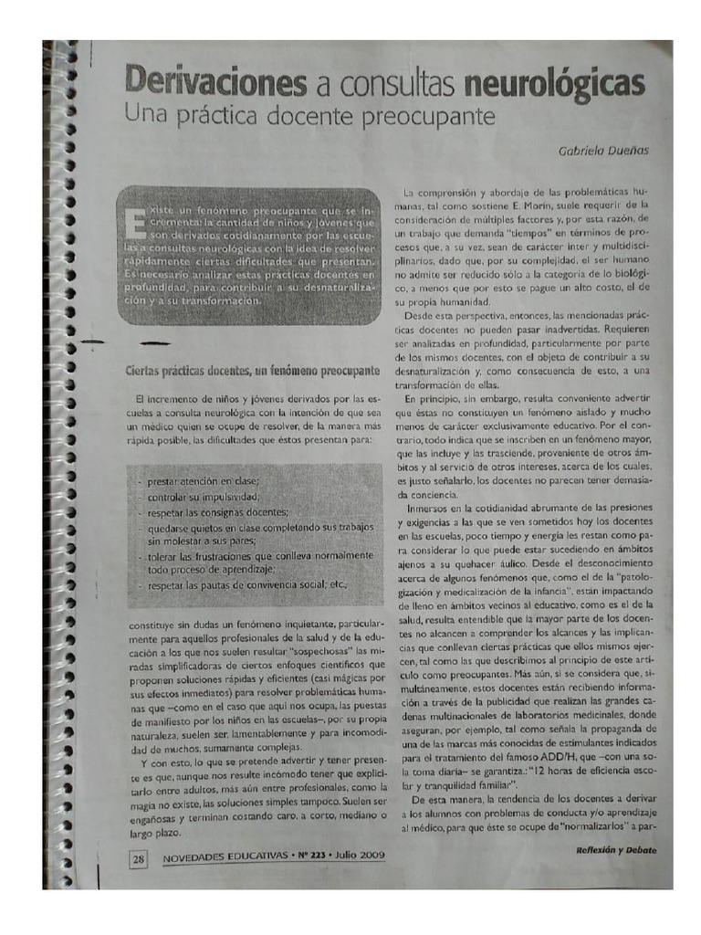 Derivaciones A Consultas Neurologicas. Una Practica Docente Preocupante. Gabriela Duen As | PDF