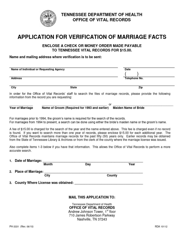 Tennessee Marriage Verification Application | PDF | Marriage | Marriage ...