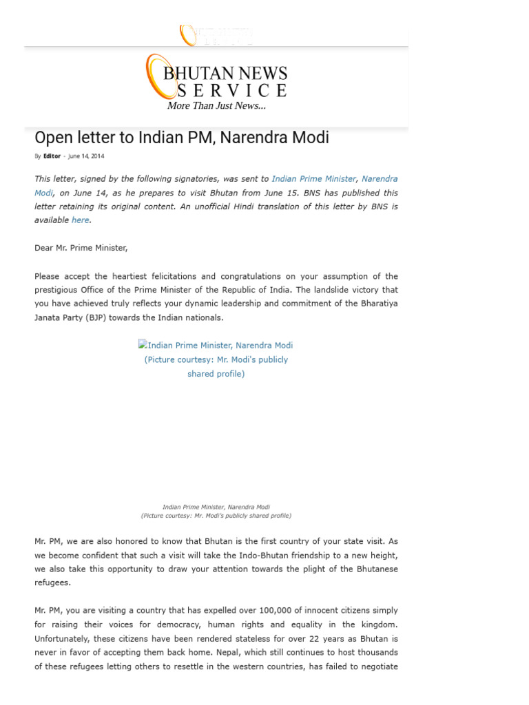 Open Letter To Indian PM, Narendra Modi - Bhutan News Service ...