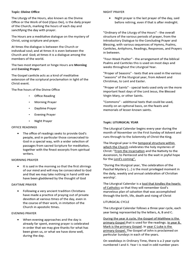 Divine Office and Liturgical Year Handout | PDF | Liturgical Year | Lent