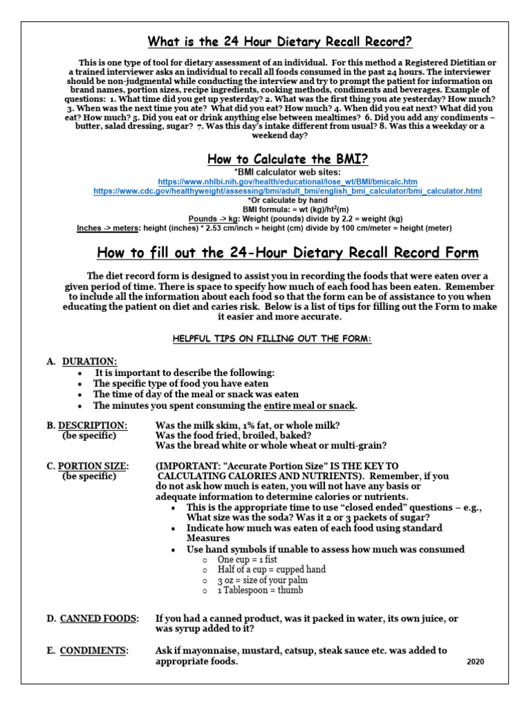 24-Hour Dietary Recall Form Guide | PDF | Food And Drink | Foods