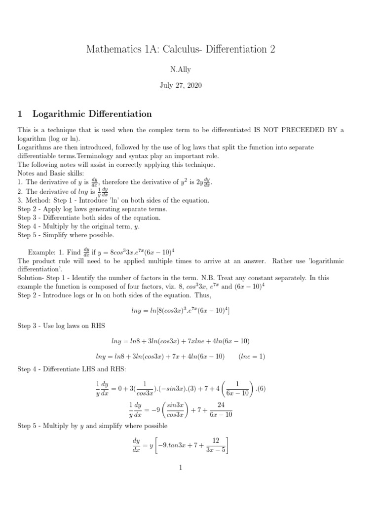 Maths 1A Calcs Differentiation Part 3 (1) - Logarithmic Differentiation ...