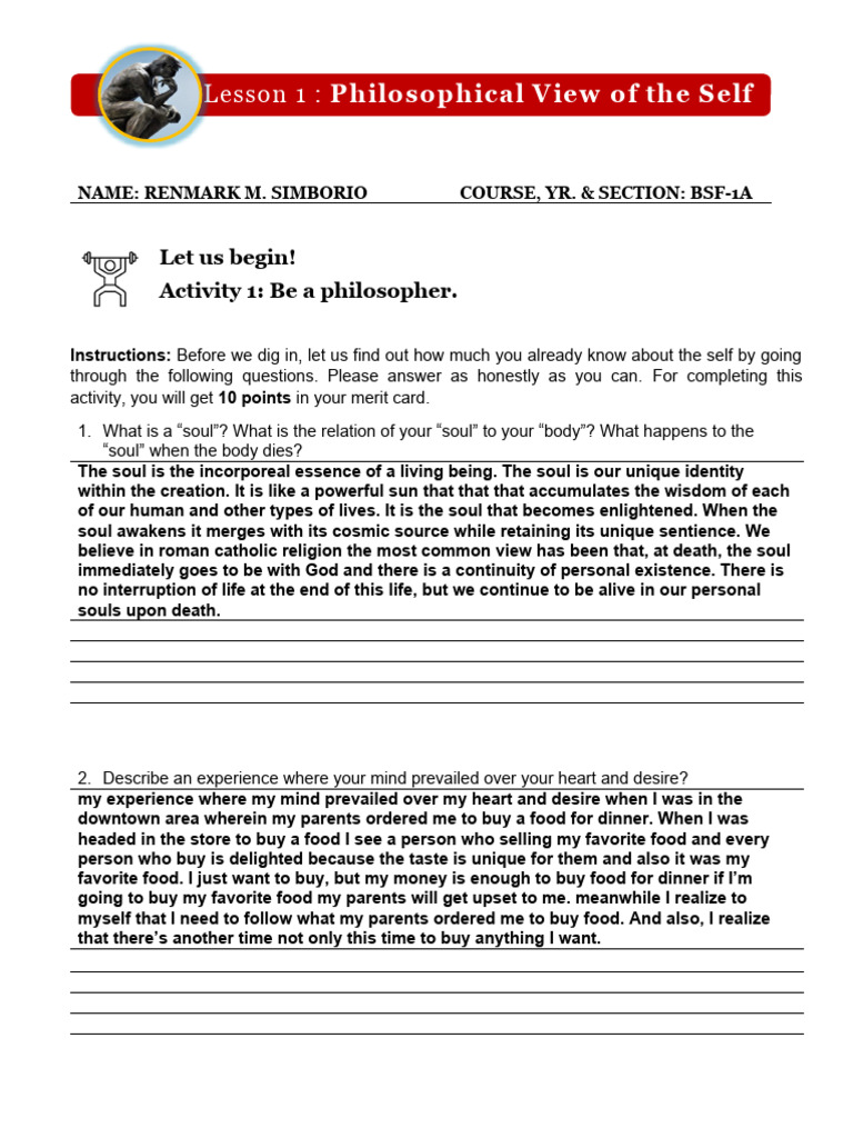 DONE Unit 1 - Lesson 1 - Activity 1 & 2 - SLP 1 RENMARK SIMBORIO BSF 1-A | PDF | Philosophy Of ...