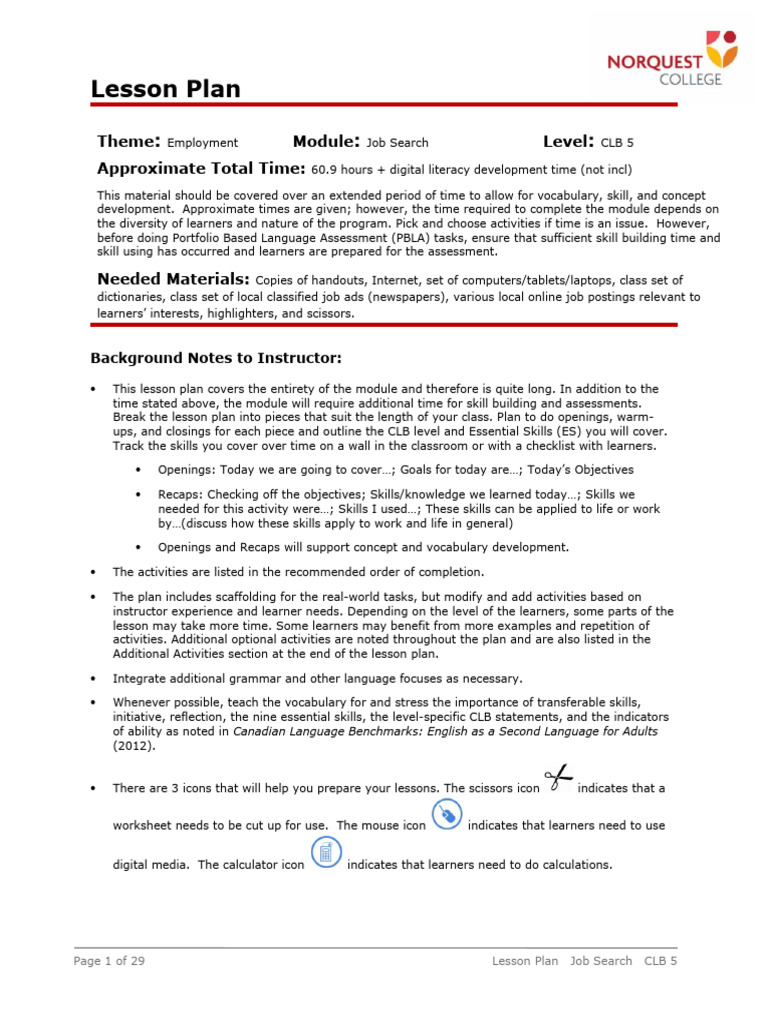 CLB 5 Job Search Lesson Plan | PDF | Vocabulary | Learning