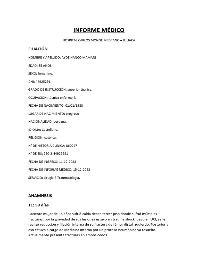 Informe - Médico Benigna Ticona Mamani | Descargar gratis PDF | Medicina CLINICA ...