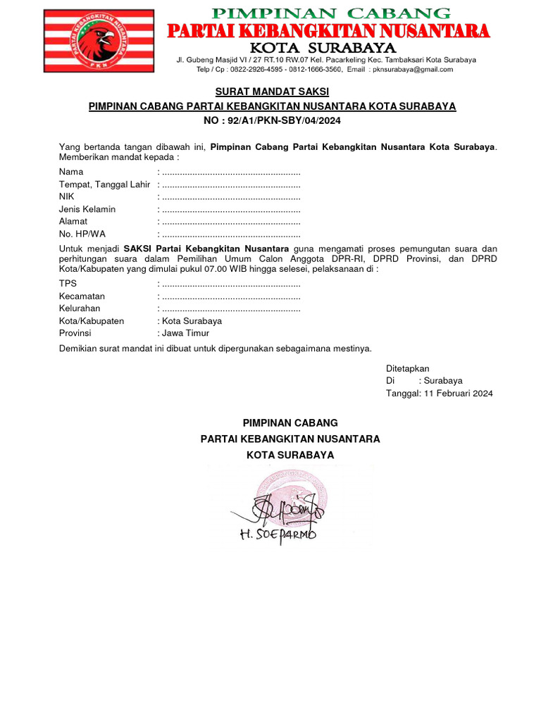 Contoh Surat Mandat Saksi Pemilu | PDF