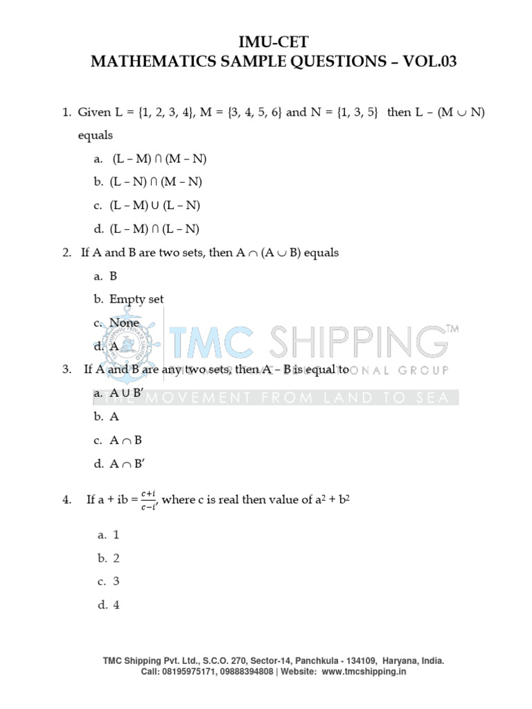 Math IMU CET Sample Questions 03 | PDF | Matrix (Mathematics ...