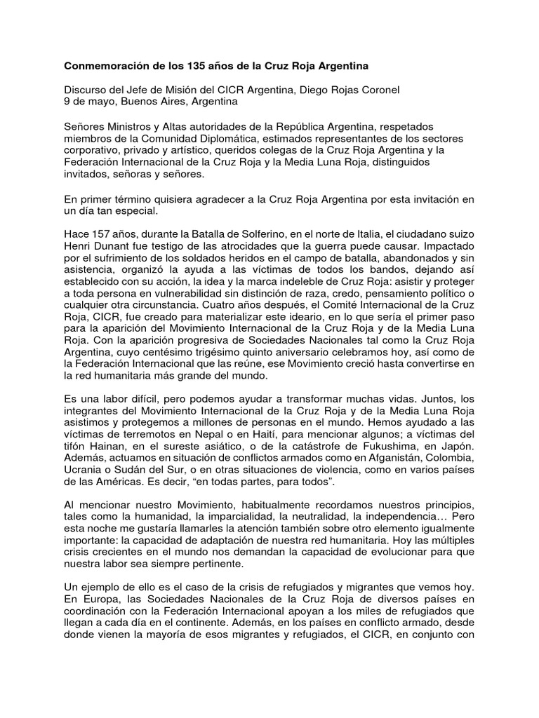 Discurso Jefe Mision Argentina 135 Cra | PDF | Movimiento Internacional ...