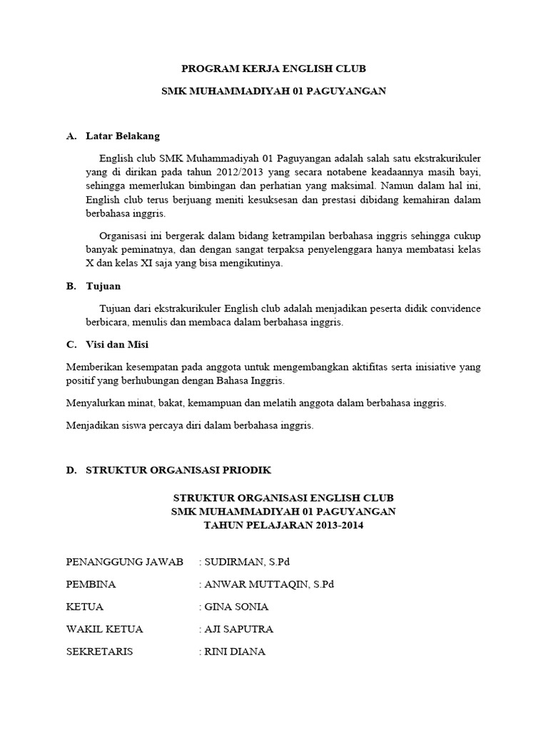 Program Kerja English Club | PDF | Karier & Perkembangan | Kesehatan Holistik