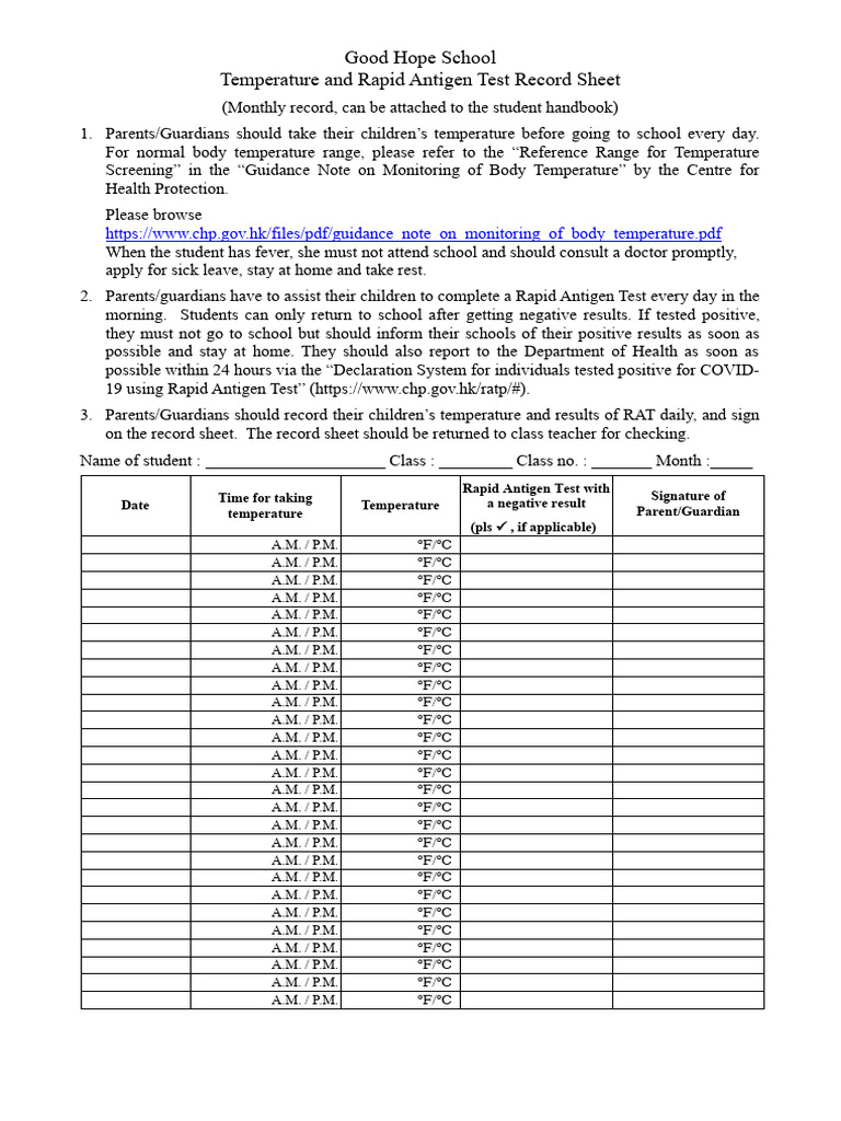 Daily Temperature & RAT Record Sheet | PDF | Medical Specialties ...