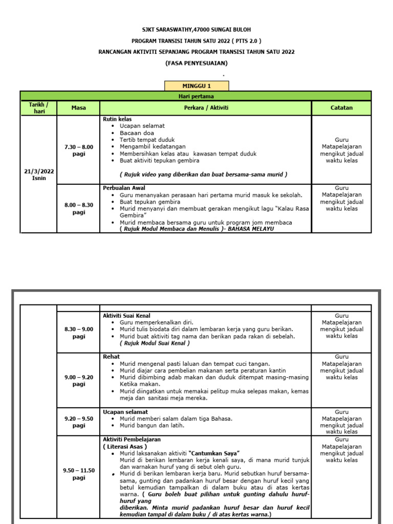 Jadual Program Transisi Tahun Satu 2022 SJKT | PDF