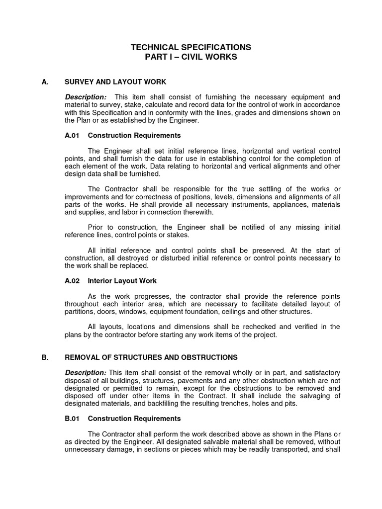 Technical Specs Part I - Civil Works | PDF | Plywood | Concrete