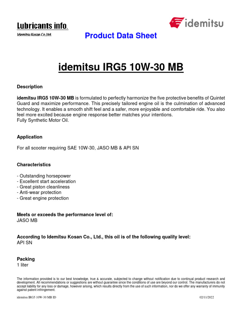 Idemitsu Irg5 10w 30 MB F S Id | PDF | Motor Oil | Lubrication