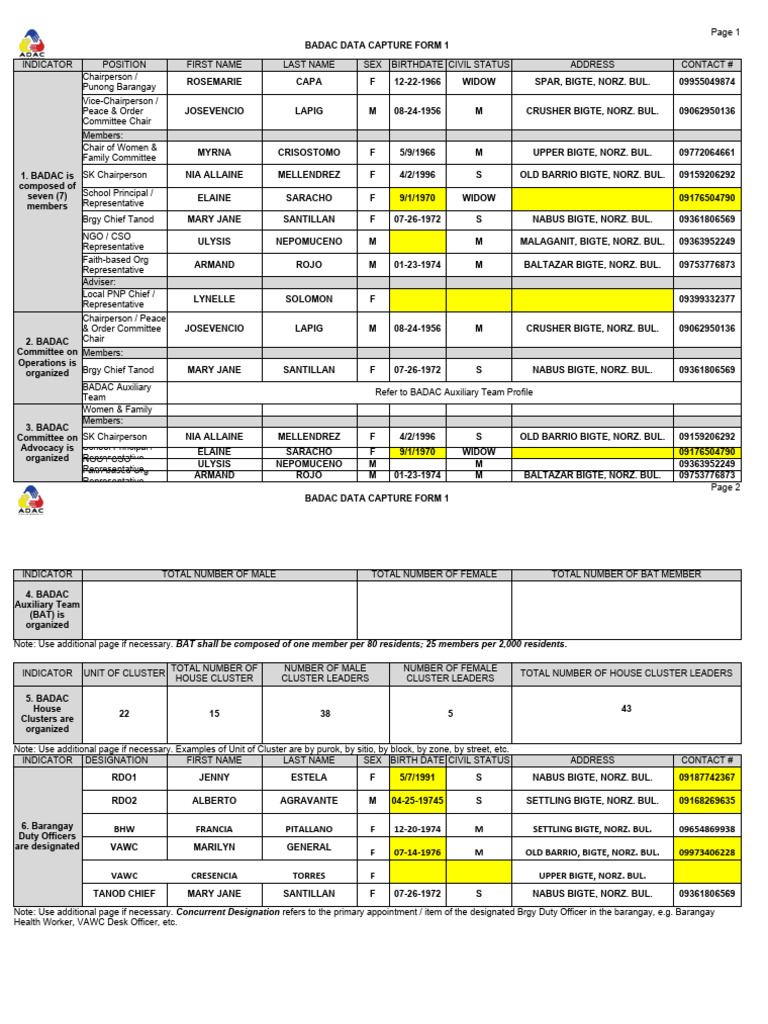 4 Badac Data Capture Forms Download Free Pdf Health Sciences