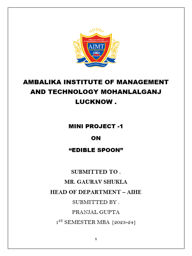 PRANJAL GUPTA - EDIBLE - SPOON - Mini - Project - Final | PDF | Cutlery | Plastic