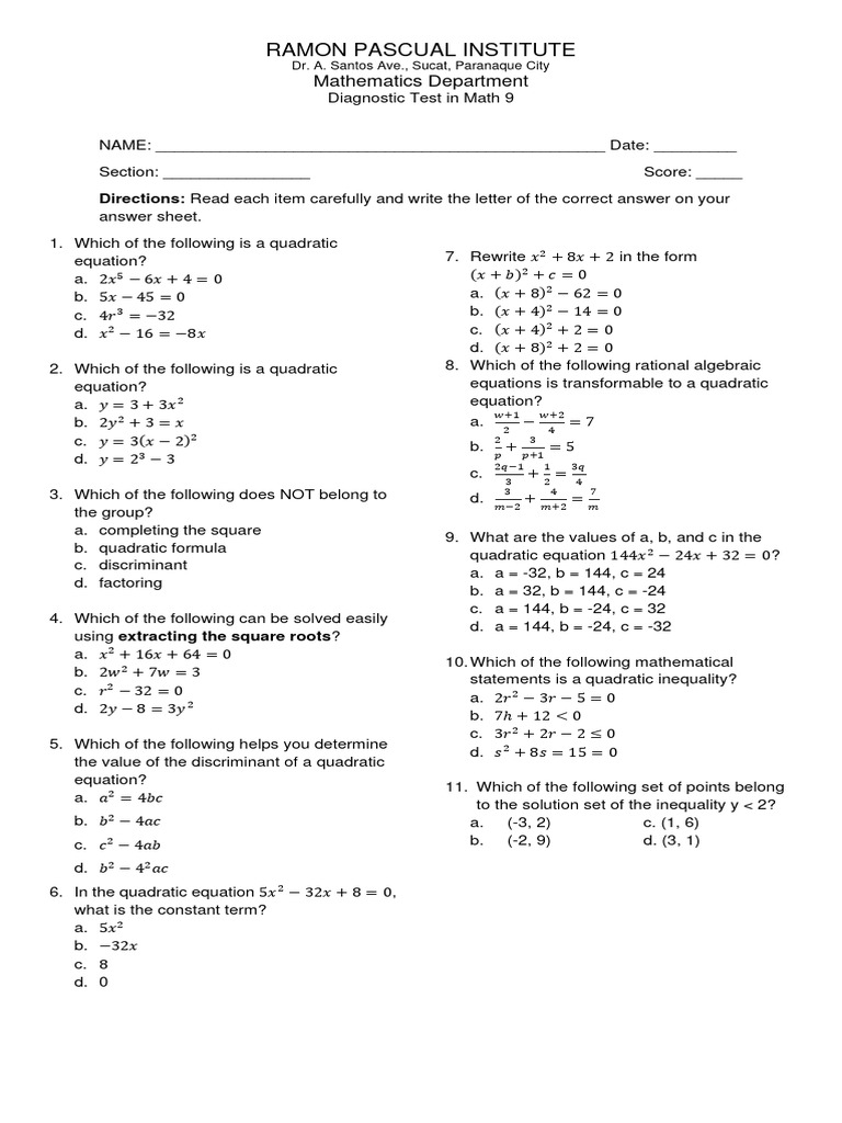 Math 9 Diagnostic | PDF | Quadratic Equation | Equations
