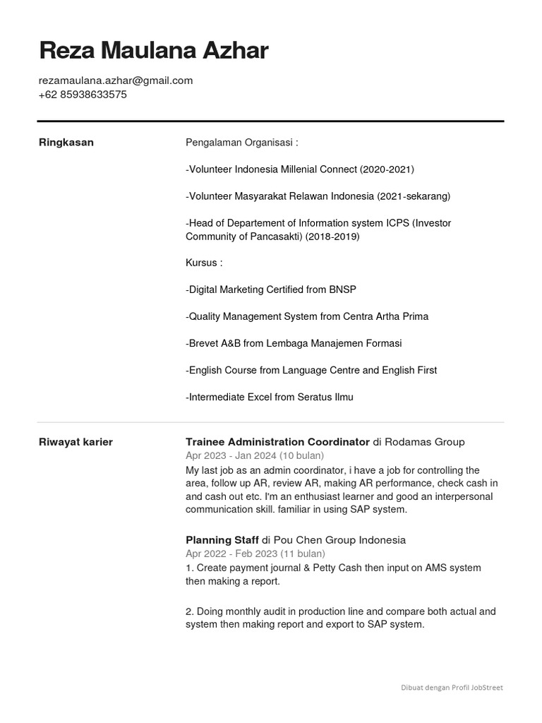 Reza Maulana Azhar: Career Overview | PDF | Business Economics | Money