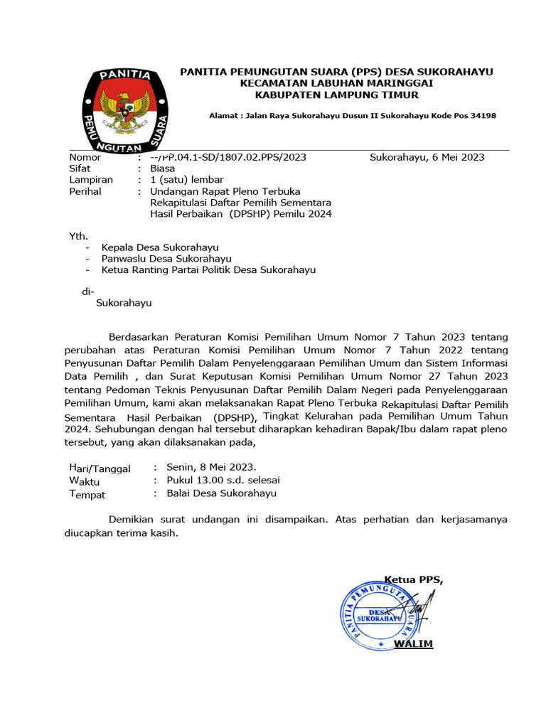 Undangan Rapat Pleno DPSHP Pemilu 2024 | PDF