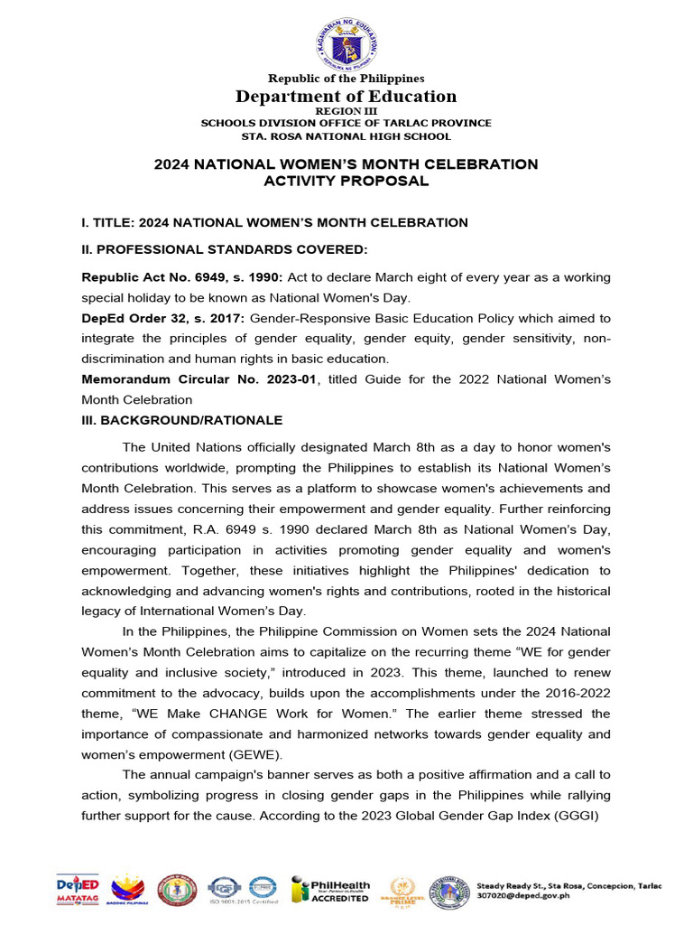 Activity Proposal 2024 National Womens Month Celebration SY 2022 2023 | PDF | Gender Equality ...