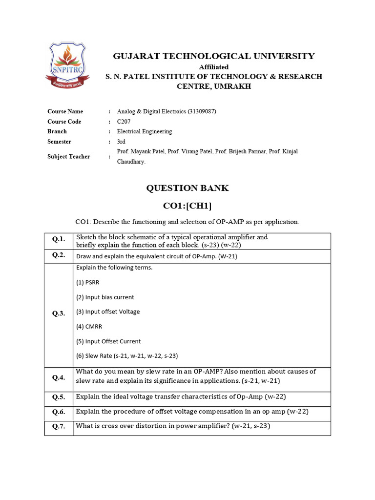 Ade 3130907 30 Question Bank 2023 | PDF | Operational Amplifier ... Ade 3130907 30 Question Bank 2023 | PDF | Operational Amplifier ...