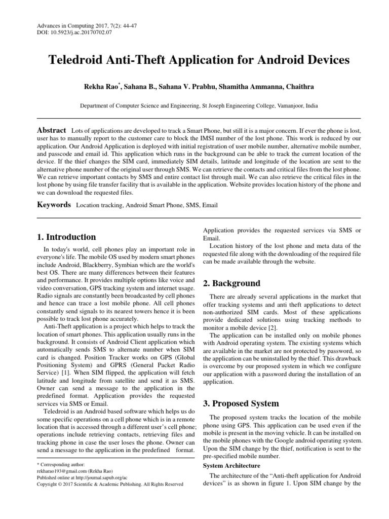 Anti Theft Application For Android Based Pdf Mobile Phones Telephone