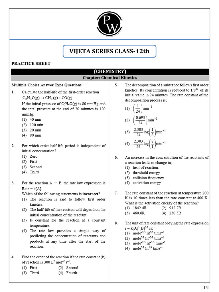 Chemical Kinetics - Practice Sheet - VIJETA SERIES CLASS-12TH | PDF ...