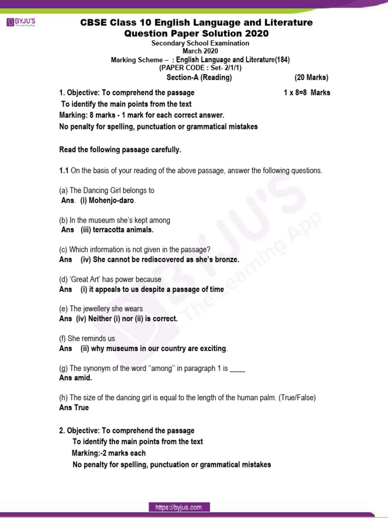 CBSE Class 10 English Language and Literature Previous Year Question ...