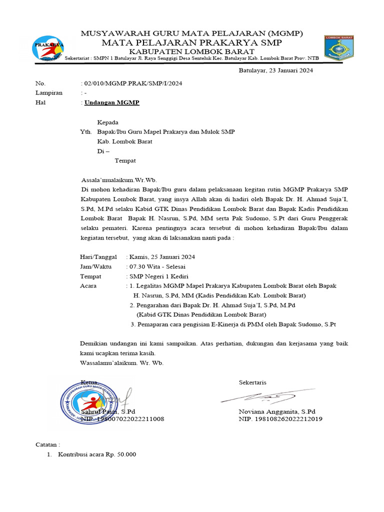 Undangan MGMP SMPN 1 Kediri | PDF